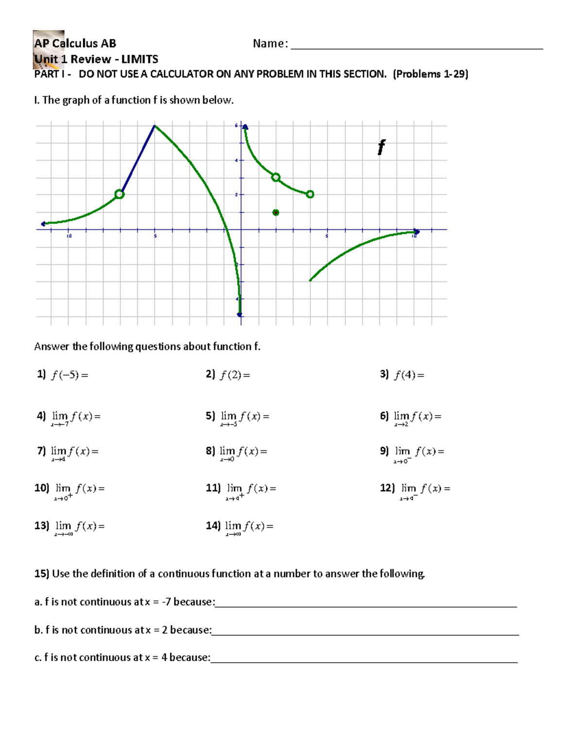 AP Calculus AB Unit 1 Exam Review: Focus on Limits - Studocu