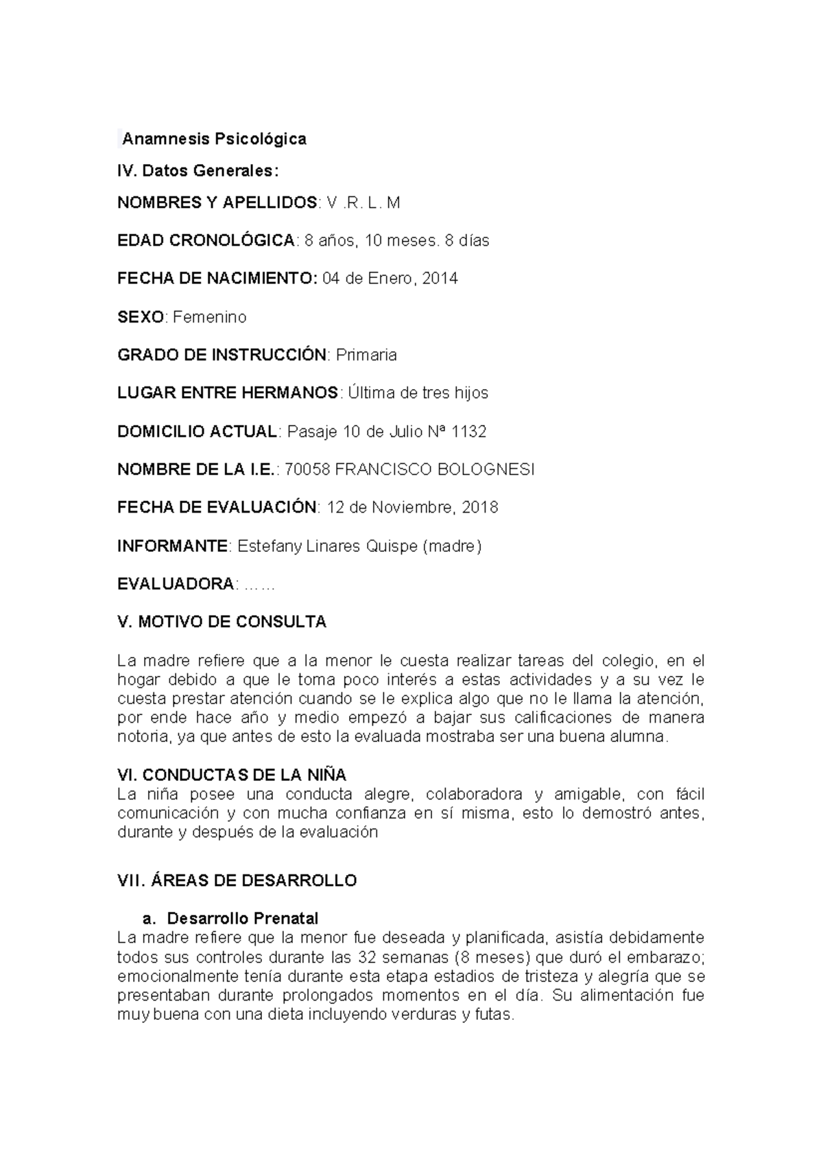 Informe Diagnóstico Psic. Niña 8 Años - Evaluación y Recomendaciones ...