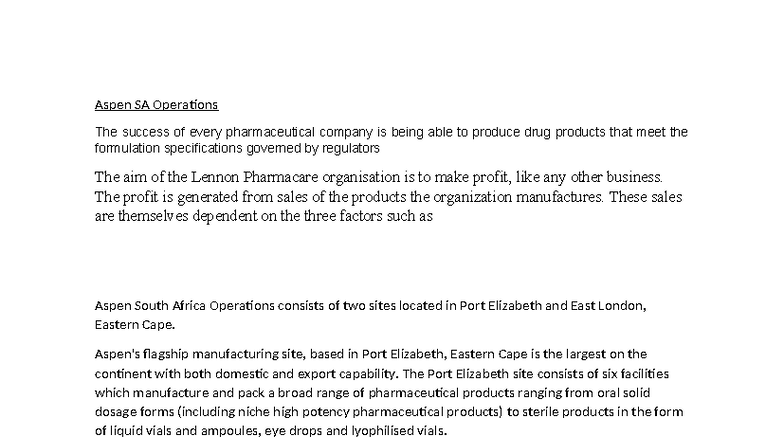 Aspen SA Operations: Overview of Pharmaceutical Manufacturing - Studocu