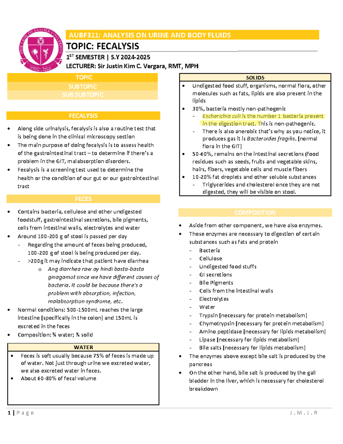 AUBF311: Fecalysis Analysis and Gastrointestinal Health Overview - Studocu