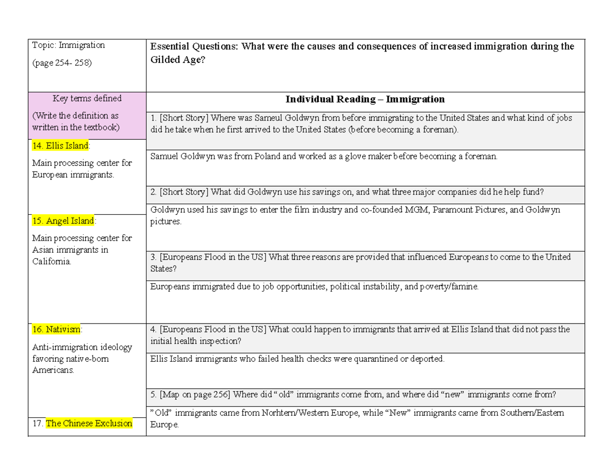 Copy of [Textbook Reading] Immigration (Gilded Age Key Topics) - Studocu
