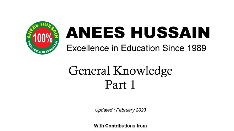 Anees Hussain General Knowledge Book Part 1 - Updated February 2023 - Studocu
