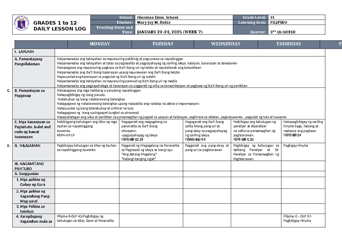 DLL Filipino 6 Q3 W7 - dll - GRADES 1 to 12 DAILY LESSON LOG School: Hinolaso Elem. School Grade ...