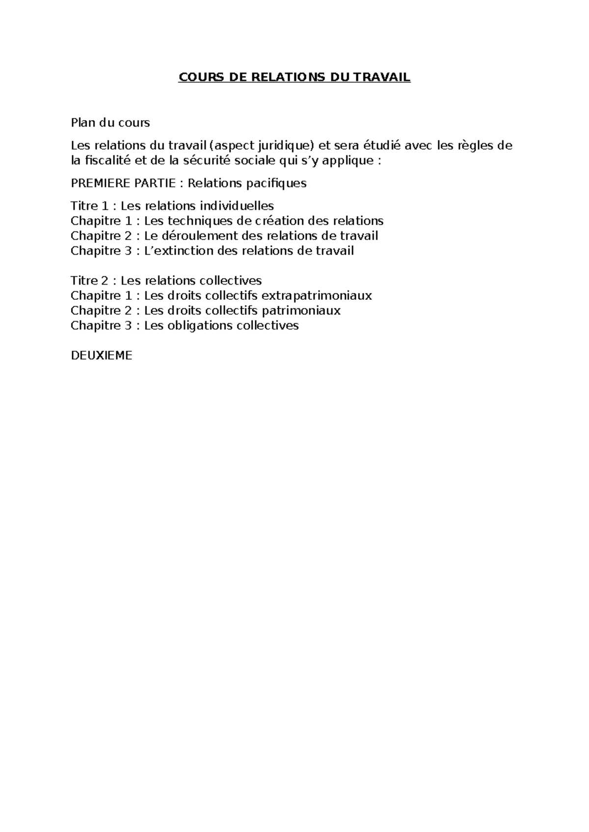 Cours DE Relations DU Travail - COURS DE RELATIONS DU TRAVAIL Plan du ...