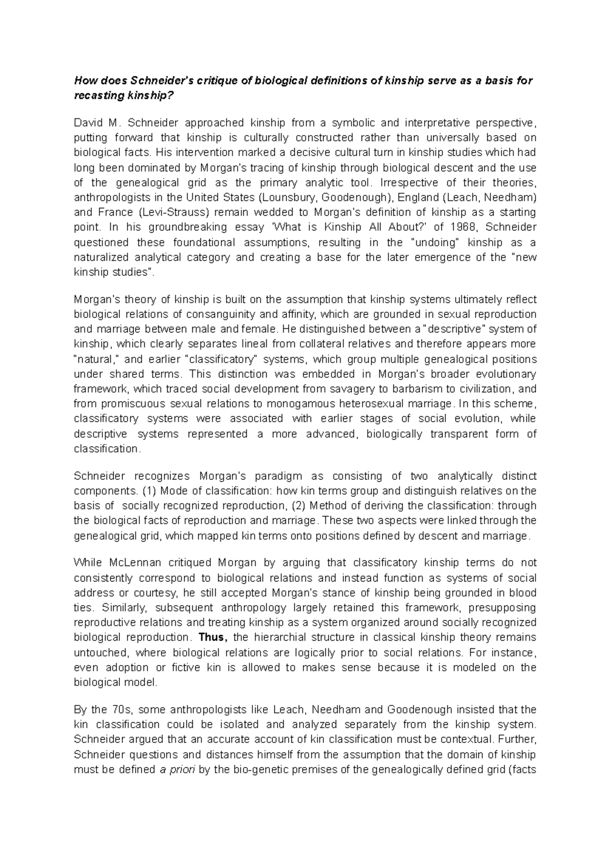 Recasting Kinship: A Critical Analysis of Schneider's Perspective - Studocu