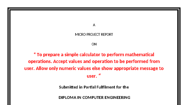 Micro Project Report: Simple Calculator & Cafe Menu (DIPLOMA) - Studocu
