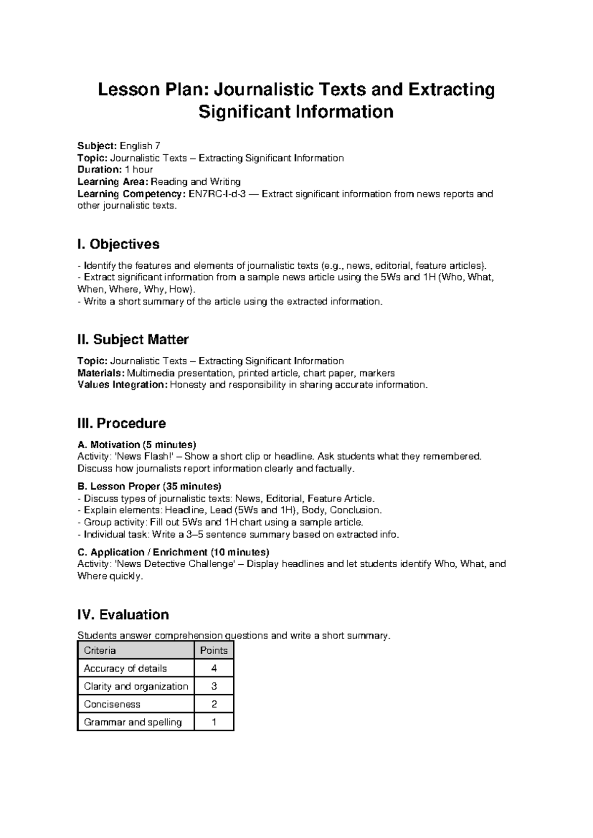 Lesson Plan: Journalistic Texts & Info Extraction (Eng 7) - Studocu