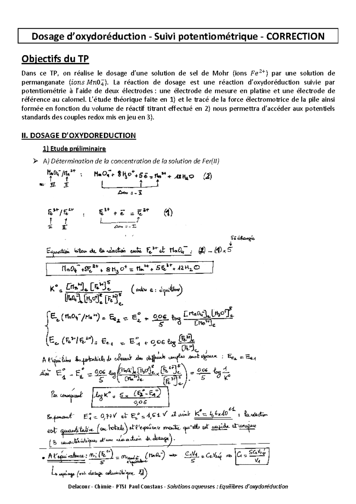 TP 𝑂𝑥𝑦𝑑𝑜𝑟𝑒𝑑𝑢𝑐𝑡𝑖𝑜𝑛 : Correction du Suivi Potentiométrique - Studocu