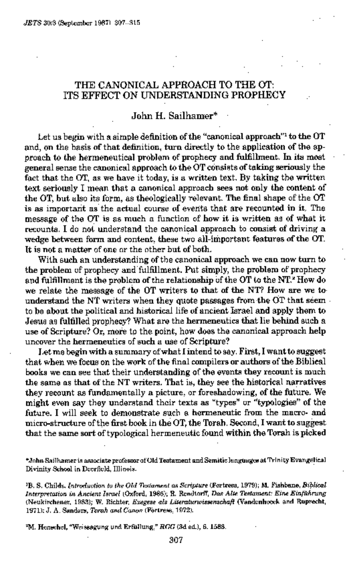 JETS 30-3: The Canonical Approach to the OT and Prophecy Understanding ...
