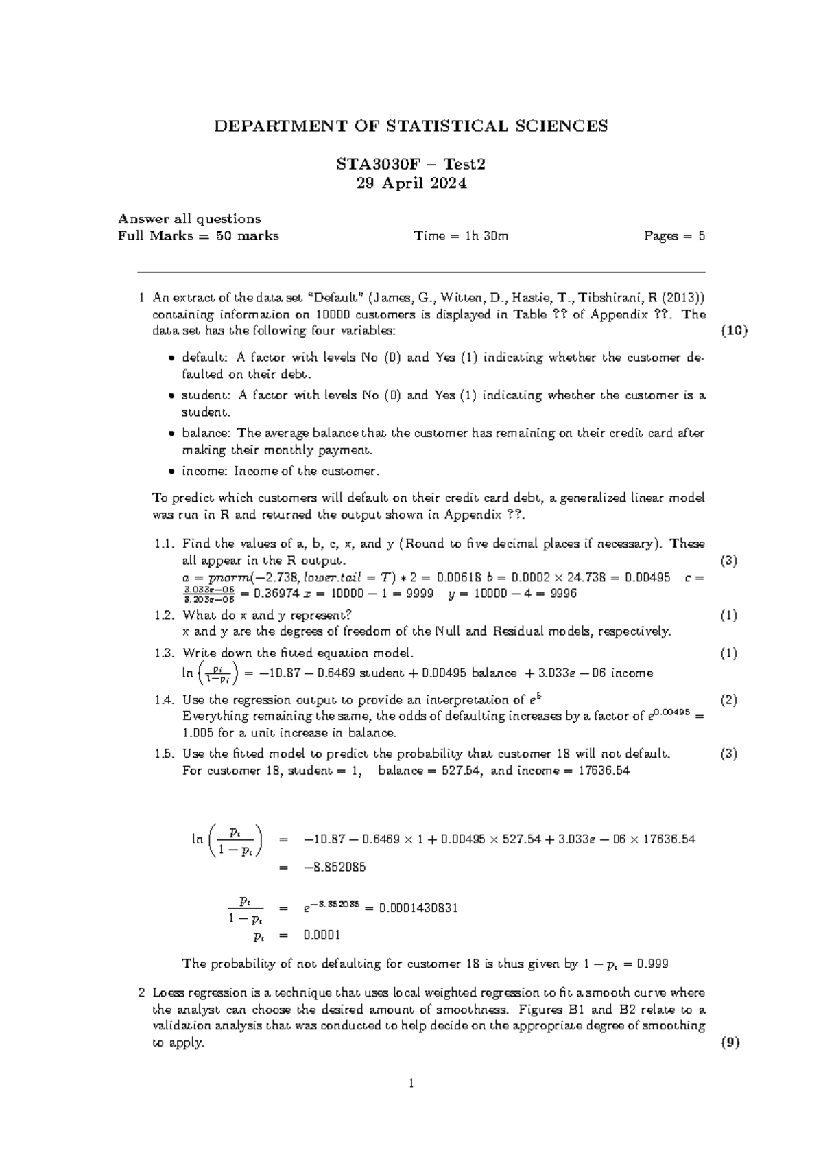 STA3030F Test 2 2024 Solutions and Analysis of Customer Default Data ...