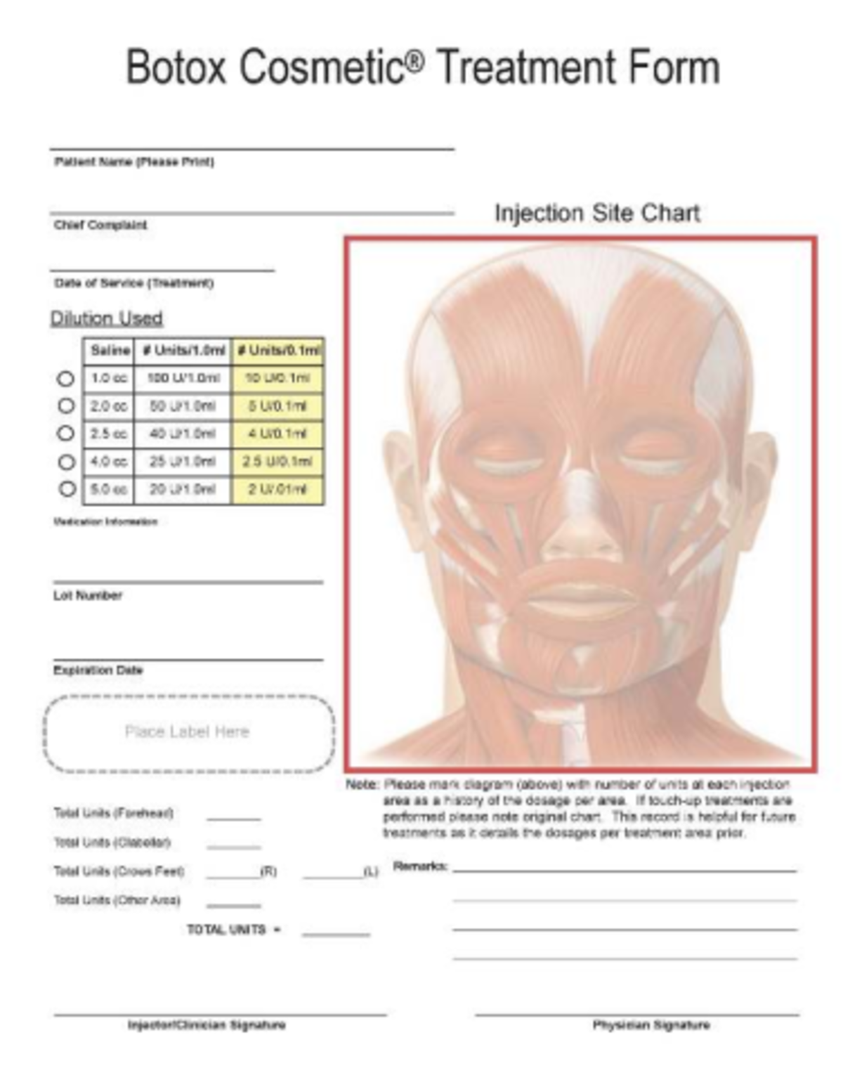 Botox Cosmetic R Treatment Record: Patient Injection Details - Studocu
