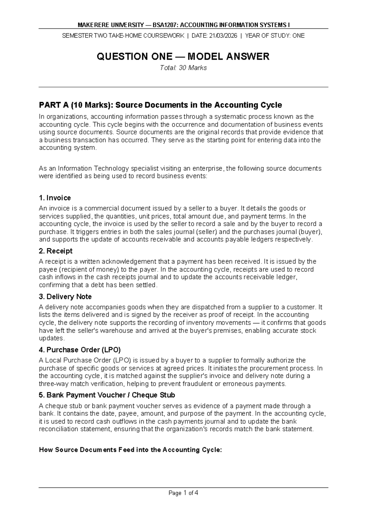 BSA1207: Accounting Information Systems I Coursework Model Answer - Studocu