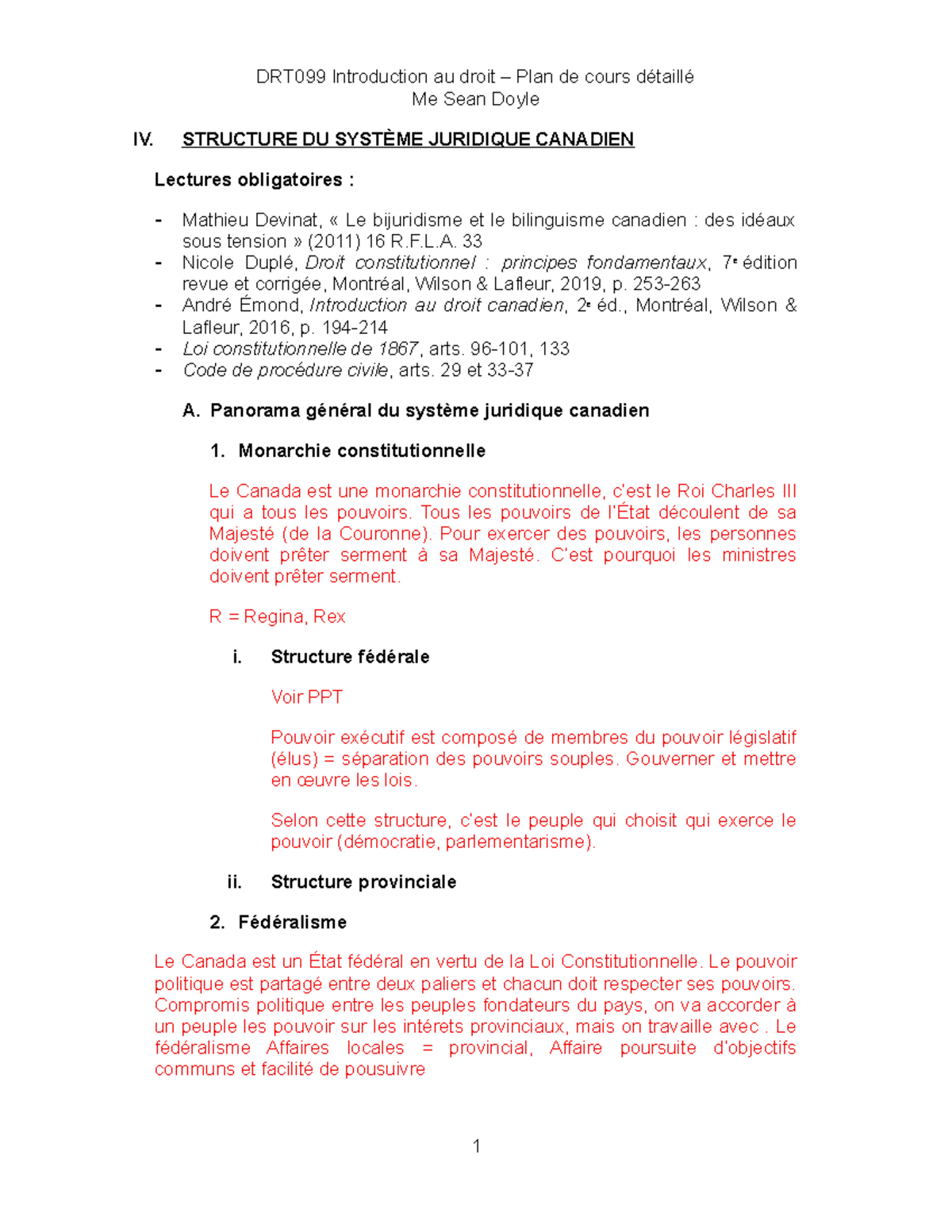 DRT099 Introduction au Droit: Plan de Cours Détaille sur le Système Juridique - Studocu