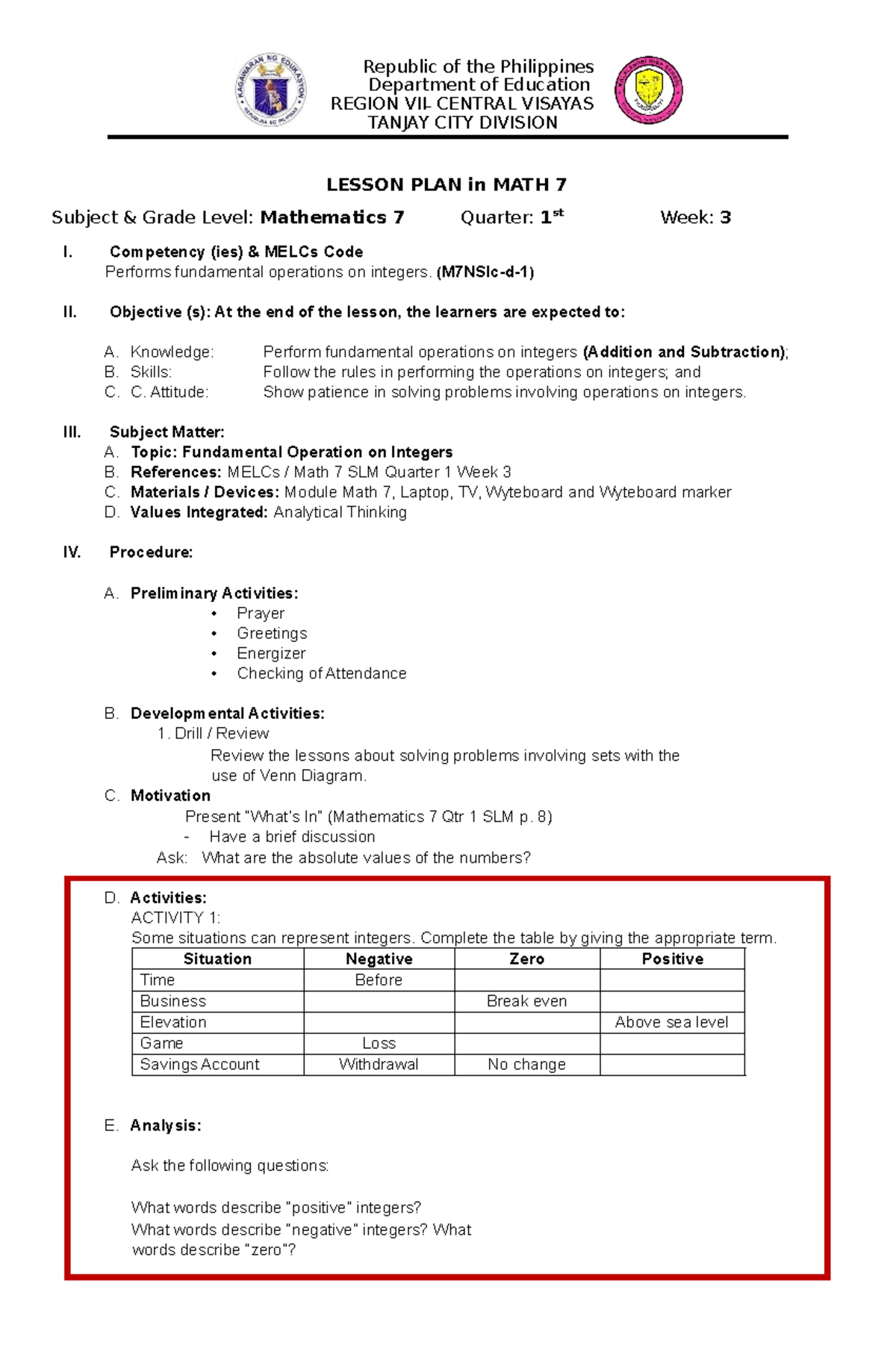 MATH 7 Lesson Plan: Fundamental Operations on Integers - Studocu