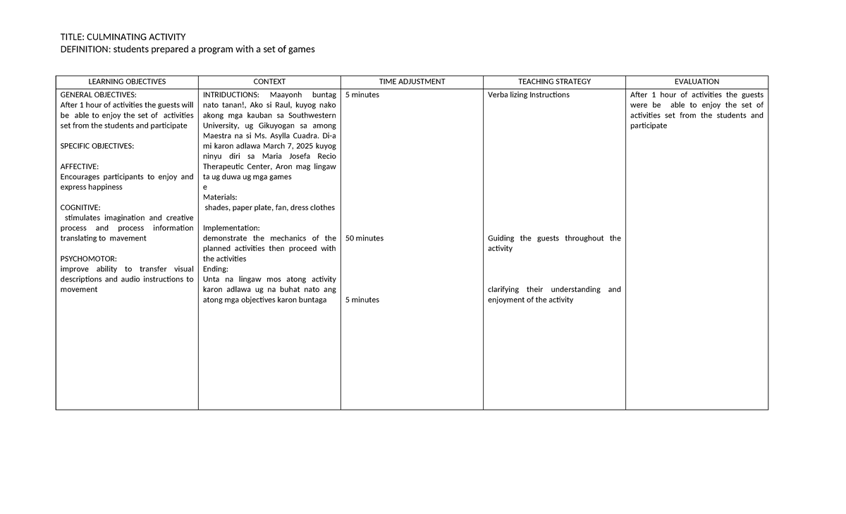Learning Objectives - additional information - TITLE: CULMINATING ...