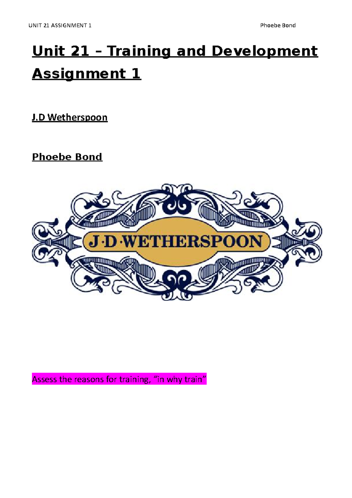 Assignment 1 - Training and Development at Wetherspoons (Unit 21) - Studocu
