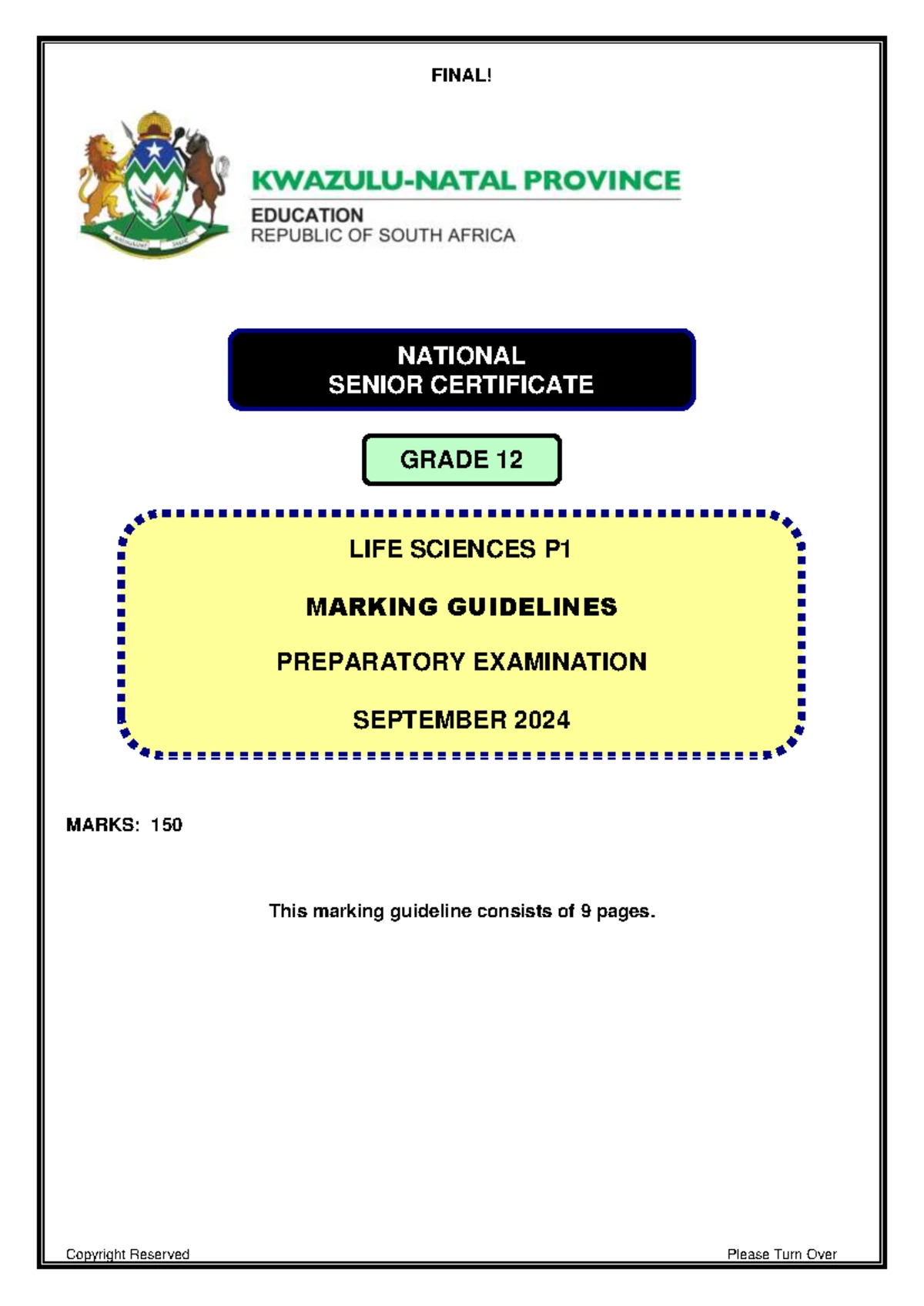 KZN Life Sciences Grade 12 Sept 2023 Paper 1 & Memo Summary - Studocu