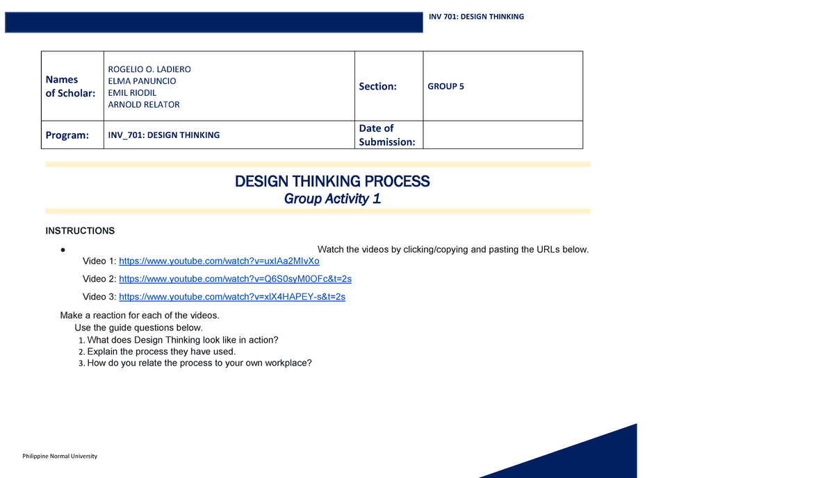 INV_701: Group 5 Activity 1 on Design Thinking Process Insights - Studocu