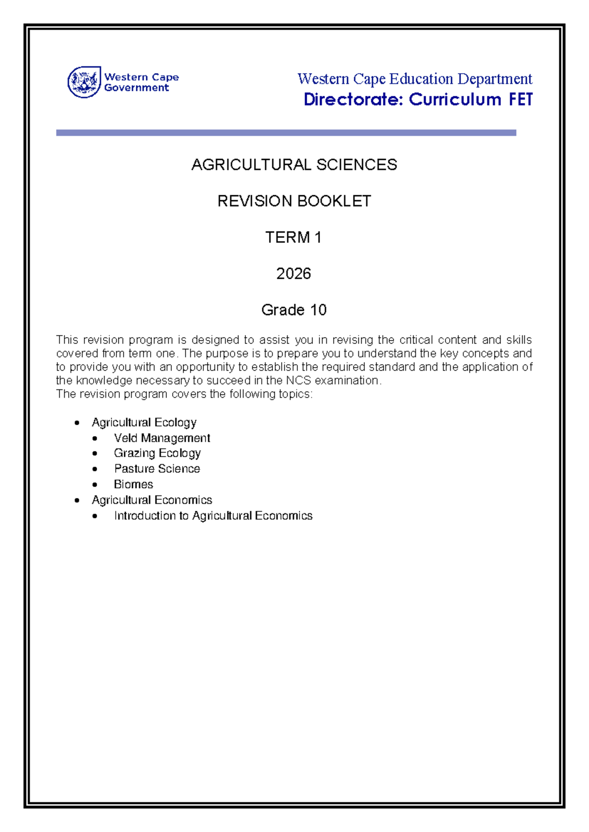 Agricultural Sciences Gr 10 Revision Booklet: Term 1 2026 - Studocu