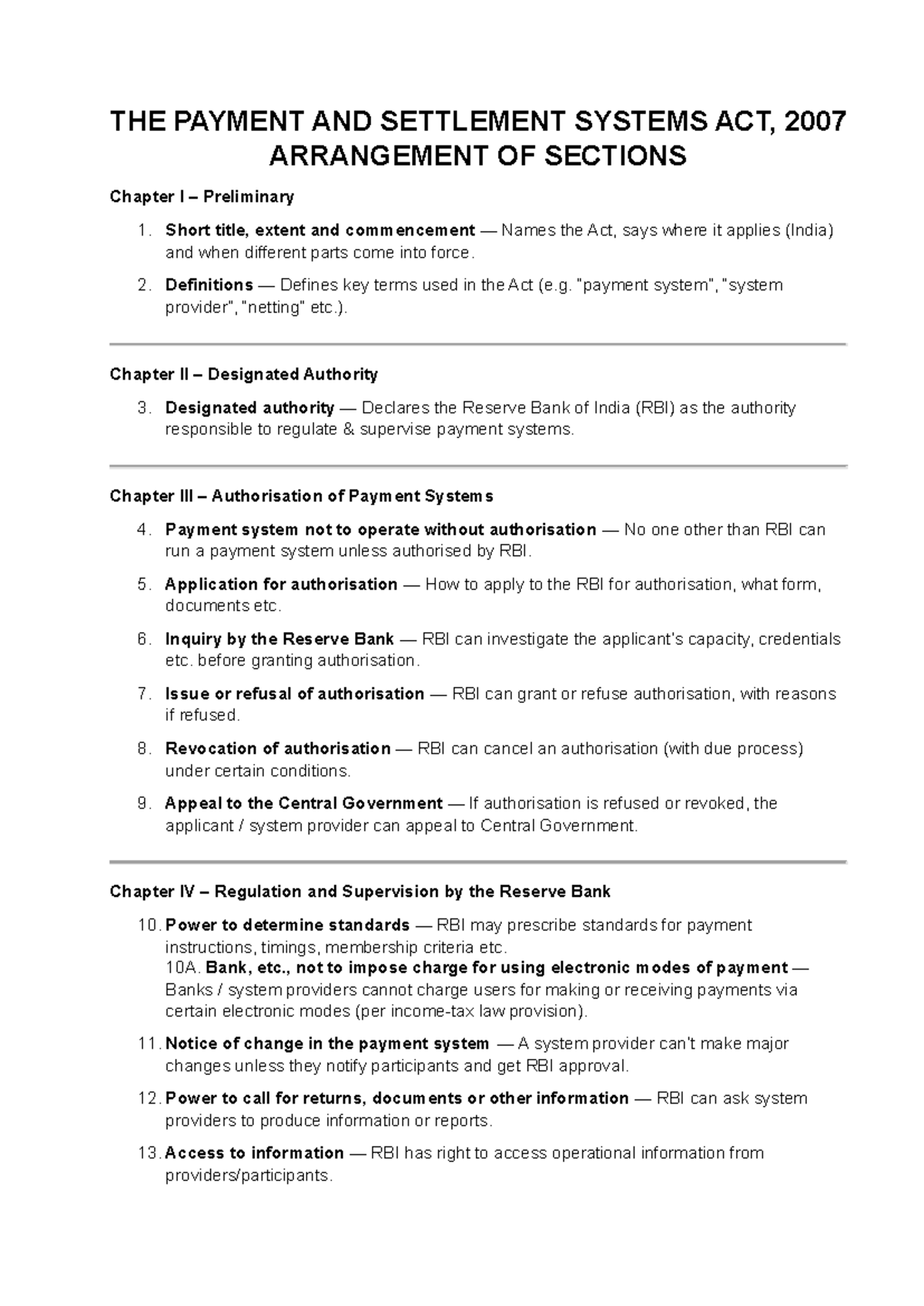 Payment and Settlement Systems Act, 2007: Key Provisions Overview - Studocu