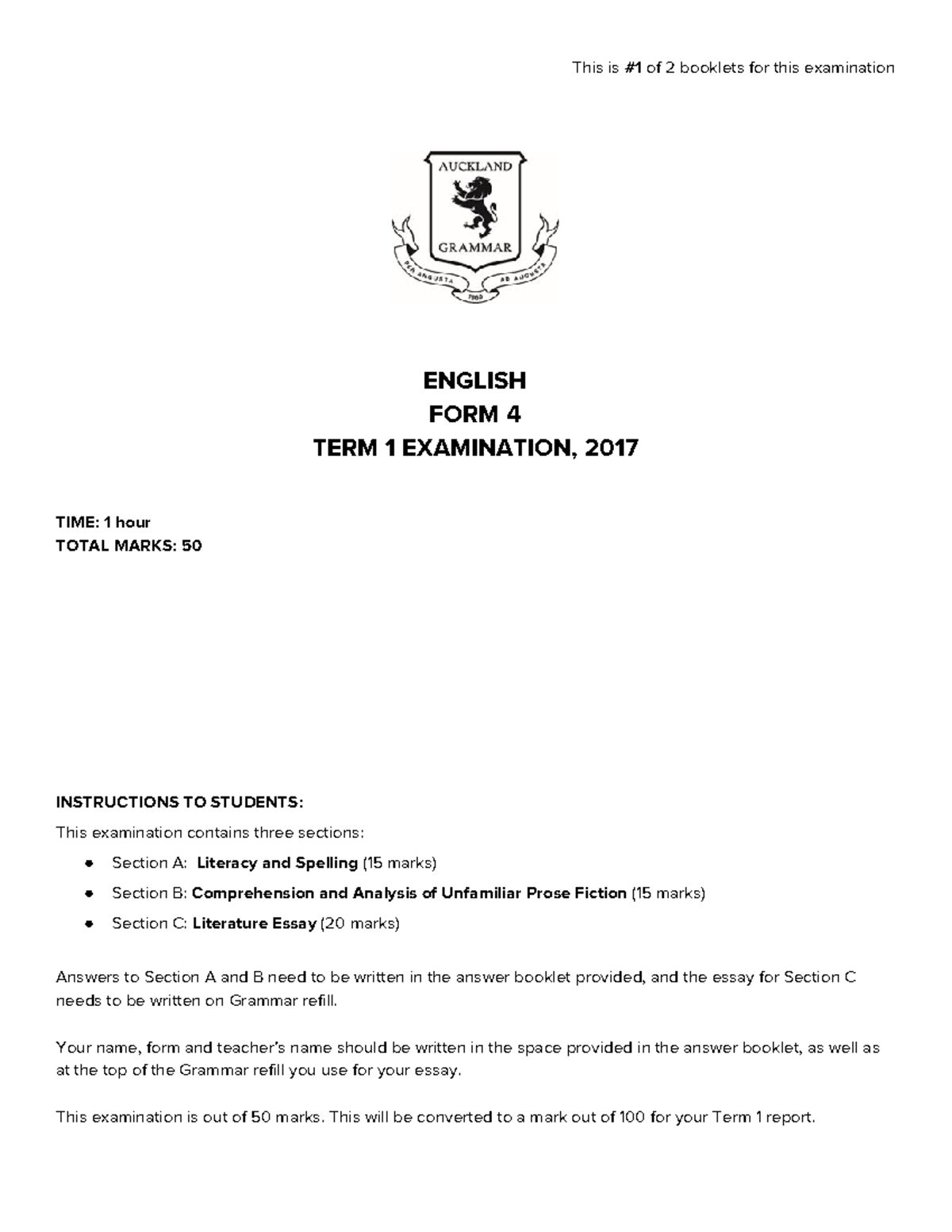 English 2017 Form 4 T1 - This is #1 of 2 booklets for this examination ...