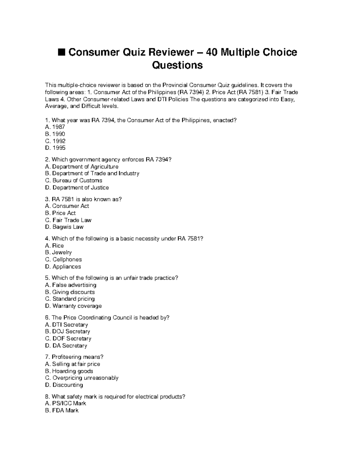 Consumer Quiz Reviewer: 40 MCQs on Consumer Laws and Policies - Studocu