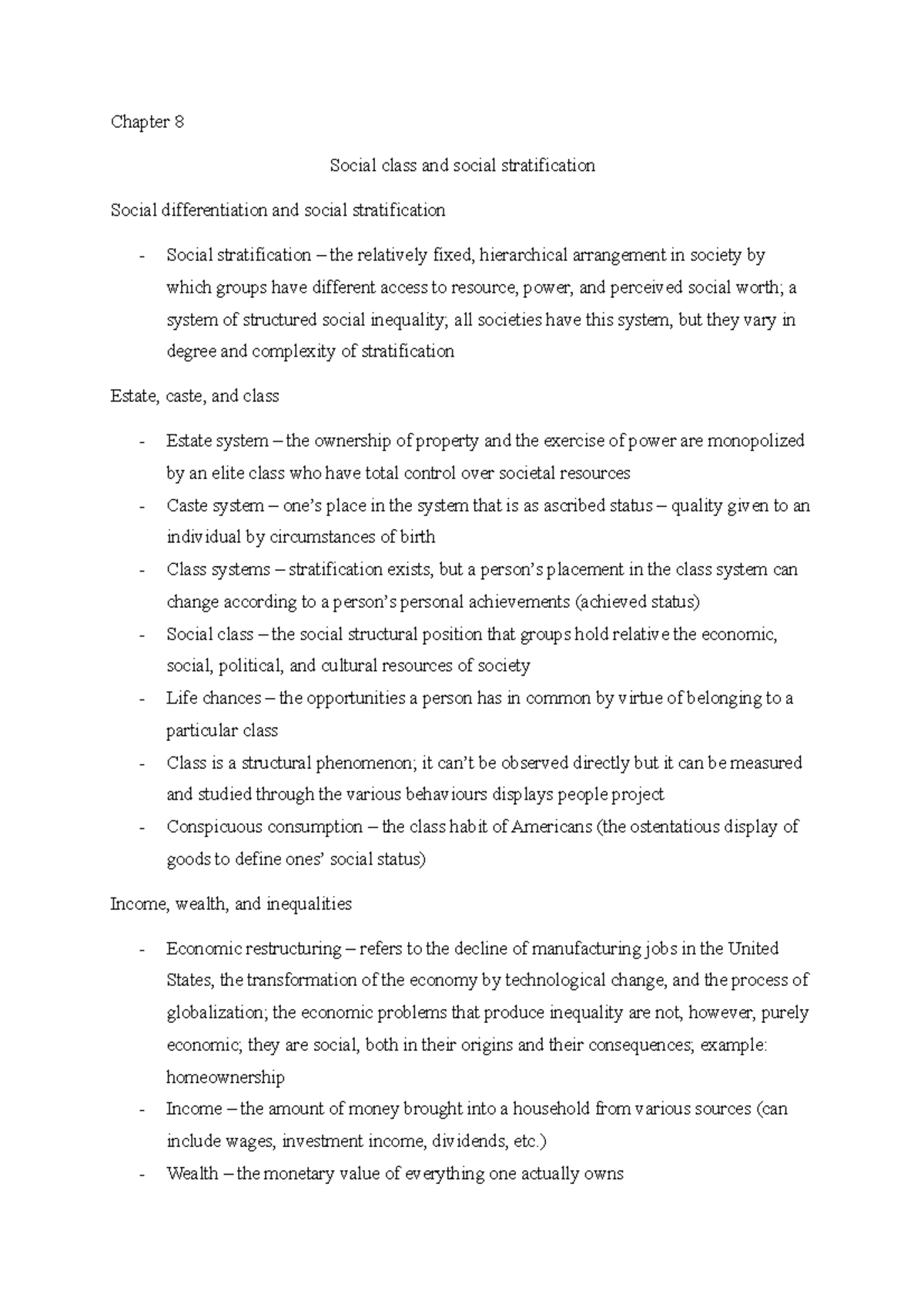 Chapter 8 lecture notes - Chapter 8 Social class and social ...