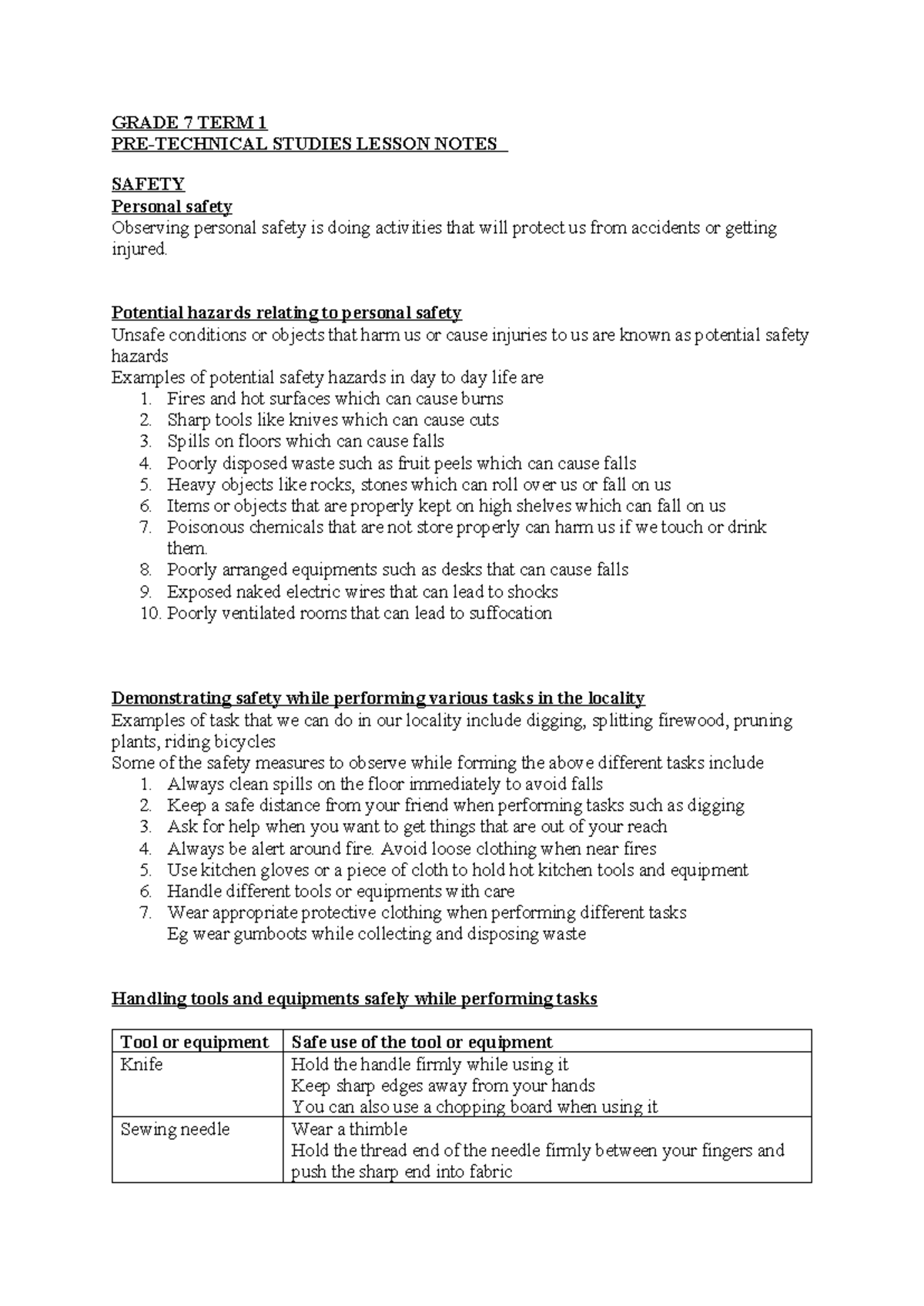 Grade 7 PRE-TECHNICAL STUDIES Safety and Tool Usage Notes - Studocu