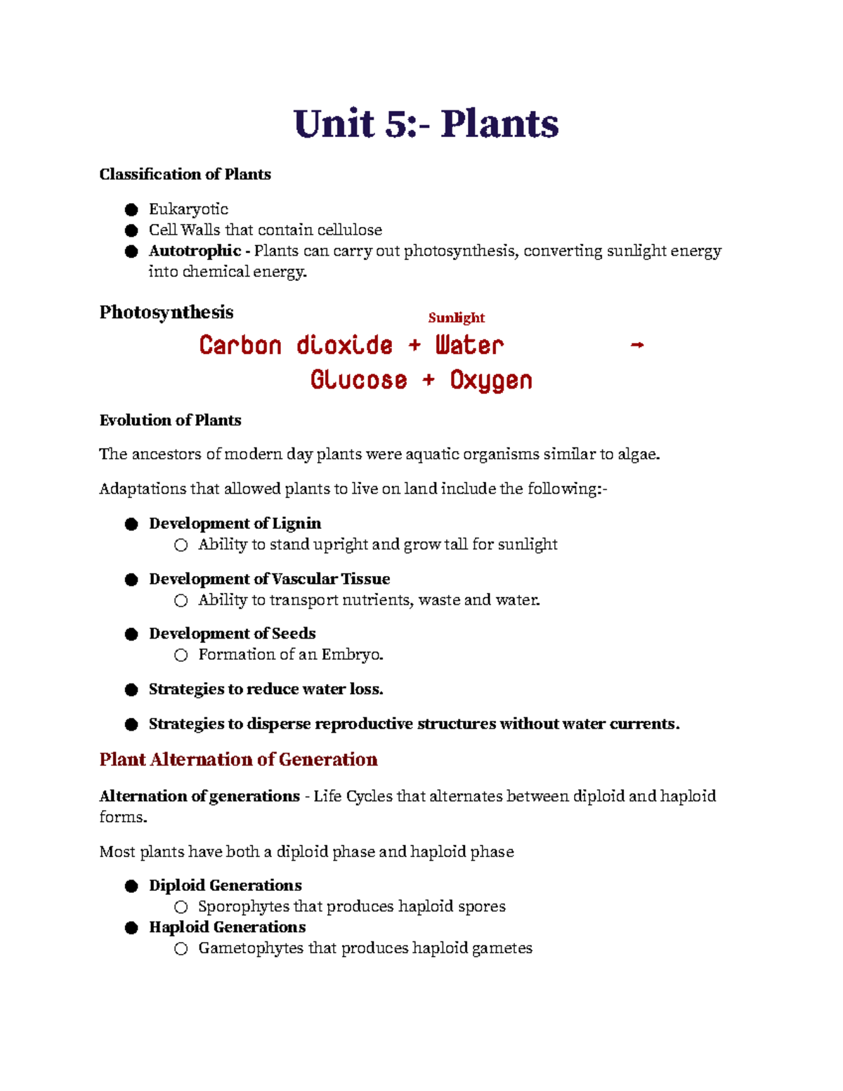 Unit 5 - Plants: Comprehensive Lecture Notes and Key Concepts - Studocu