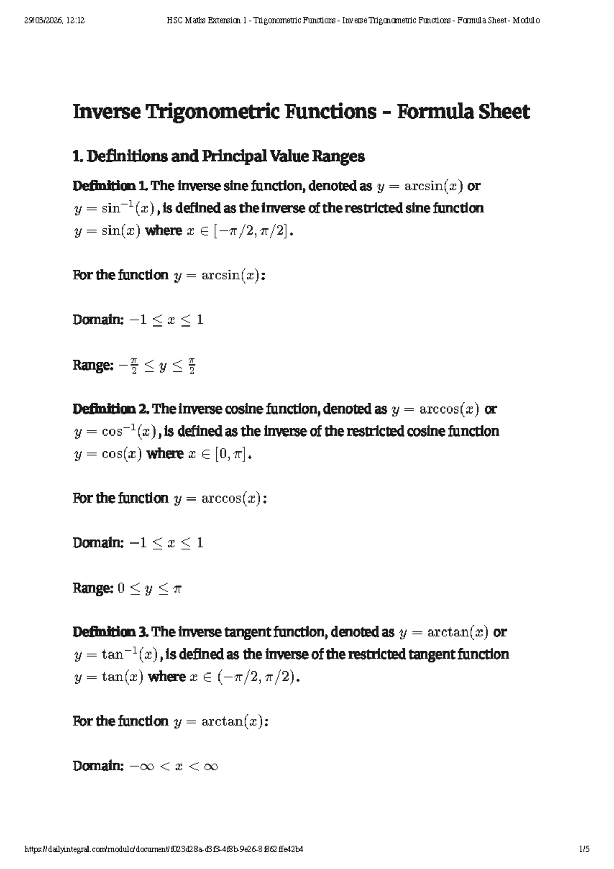 HSC Maths Ext 1: Inverse Trigonometric Functions Formula Sheet - Studocu