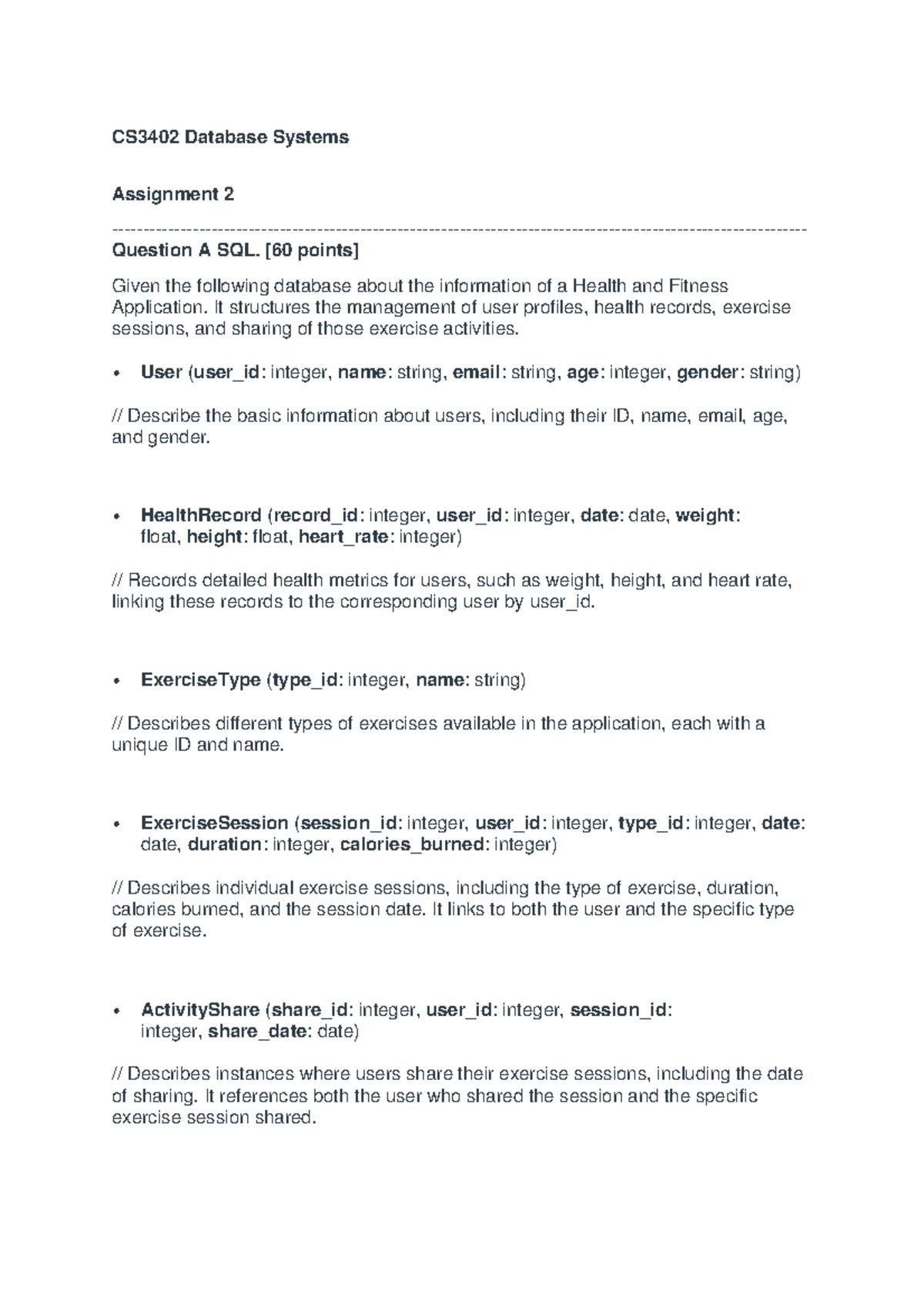 CS3402 Assignment 2: SQL Queries on Health & Fitness Database - Studocu