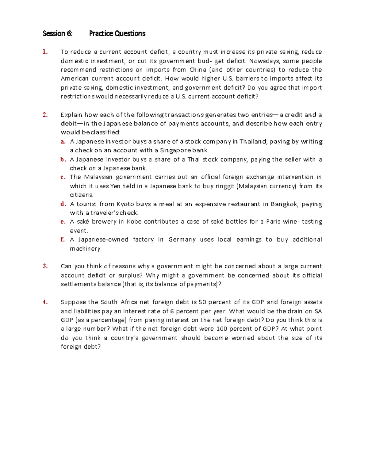 Session 6 Practice Questions and Answers on Current Account Deficits ...