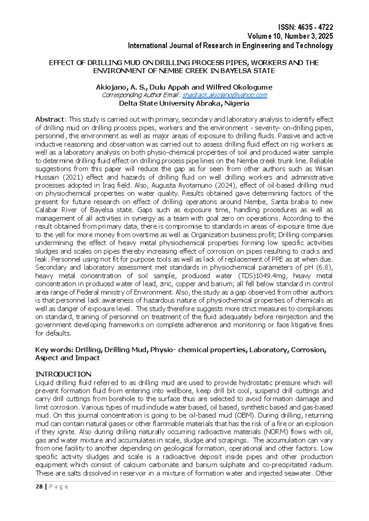 Effect of Drilling Fluid on Pipes & Environment in Drilling Ops - ENG ...