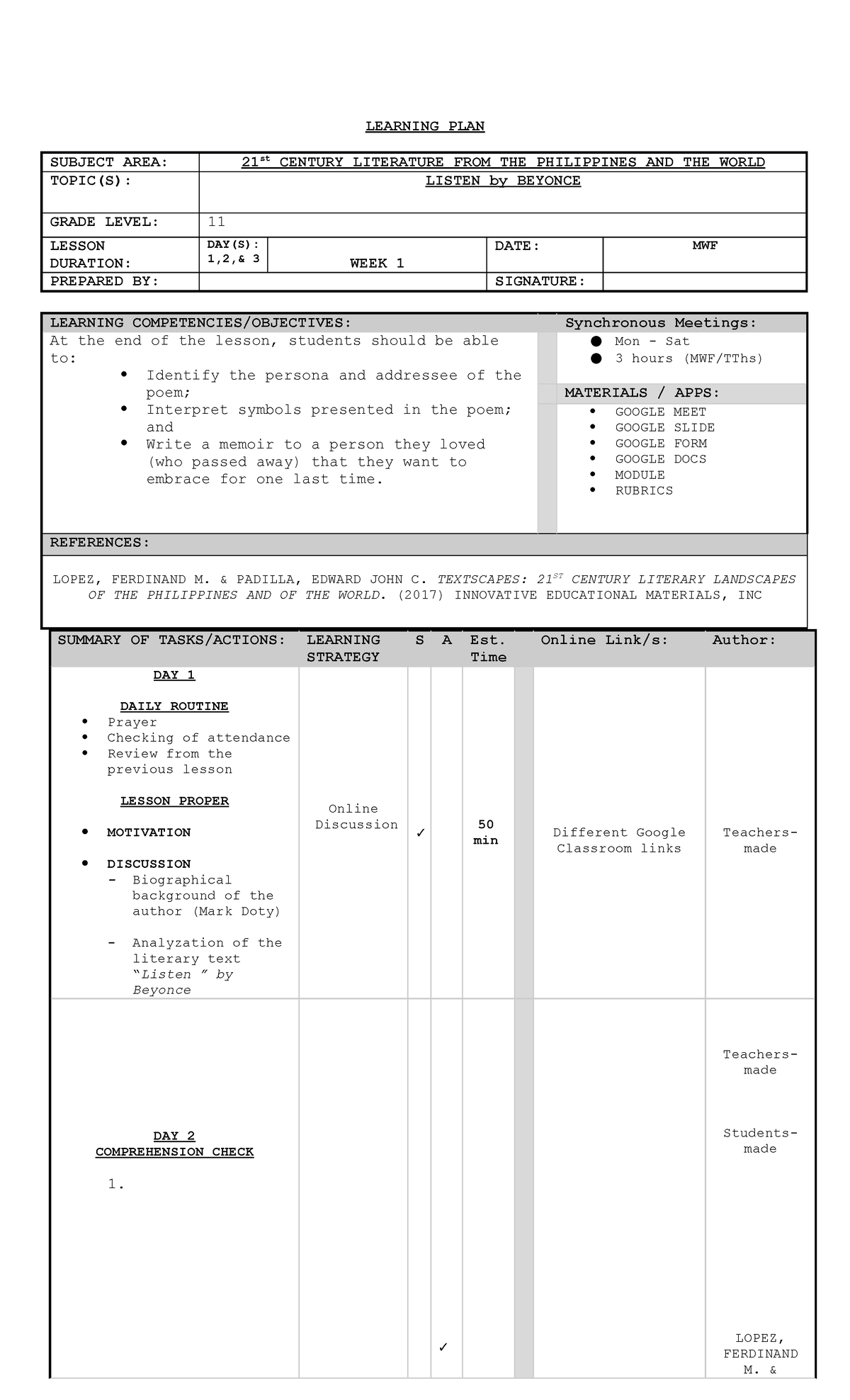 21st Cent LP - Lecture notes - LEARNING PLAN SUBJECT AREA: 21 st ...
