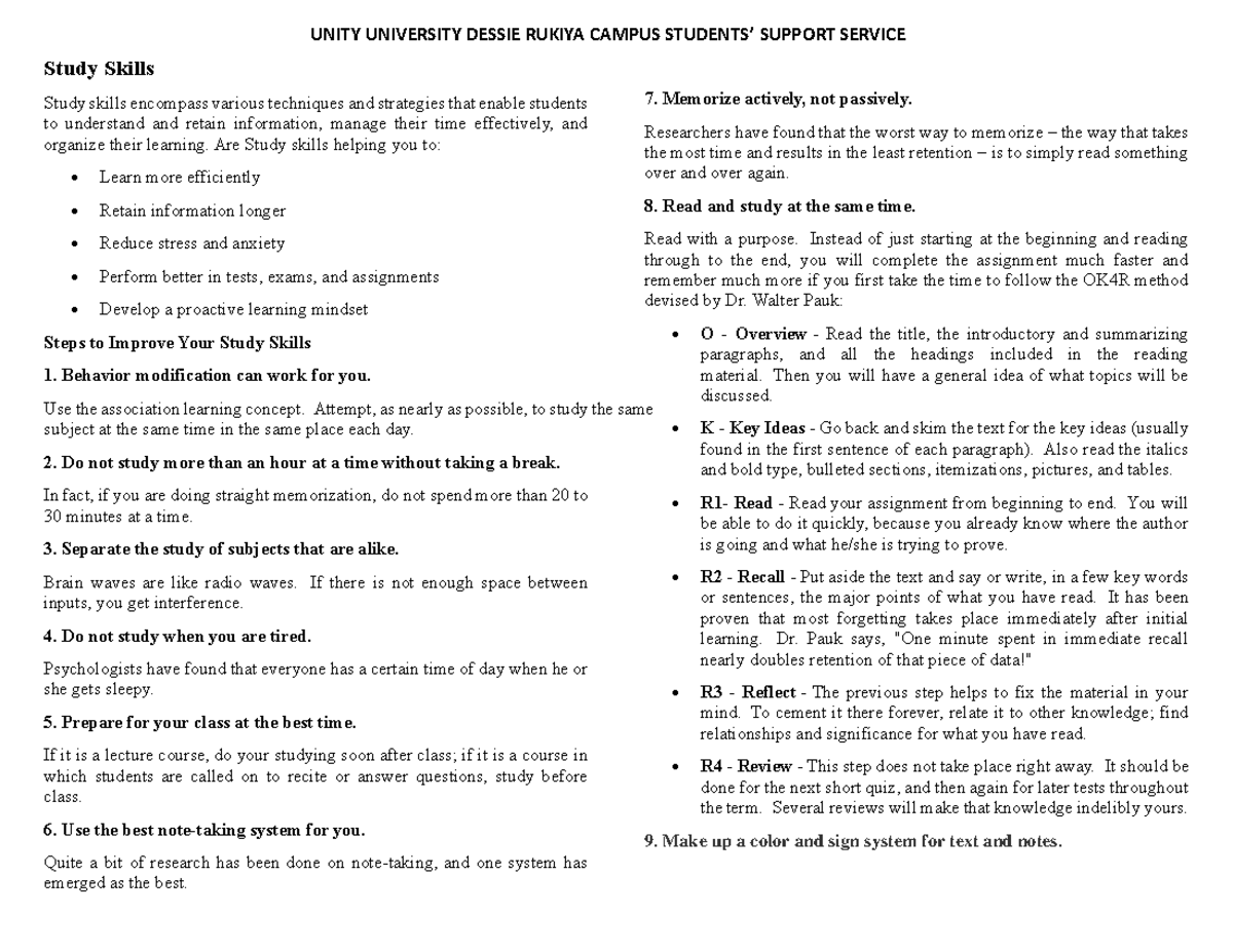 UNITY UNIVERSITY DESSIE RUKIYA CAMPUS SUPPORT SERVICE Study Skills ...