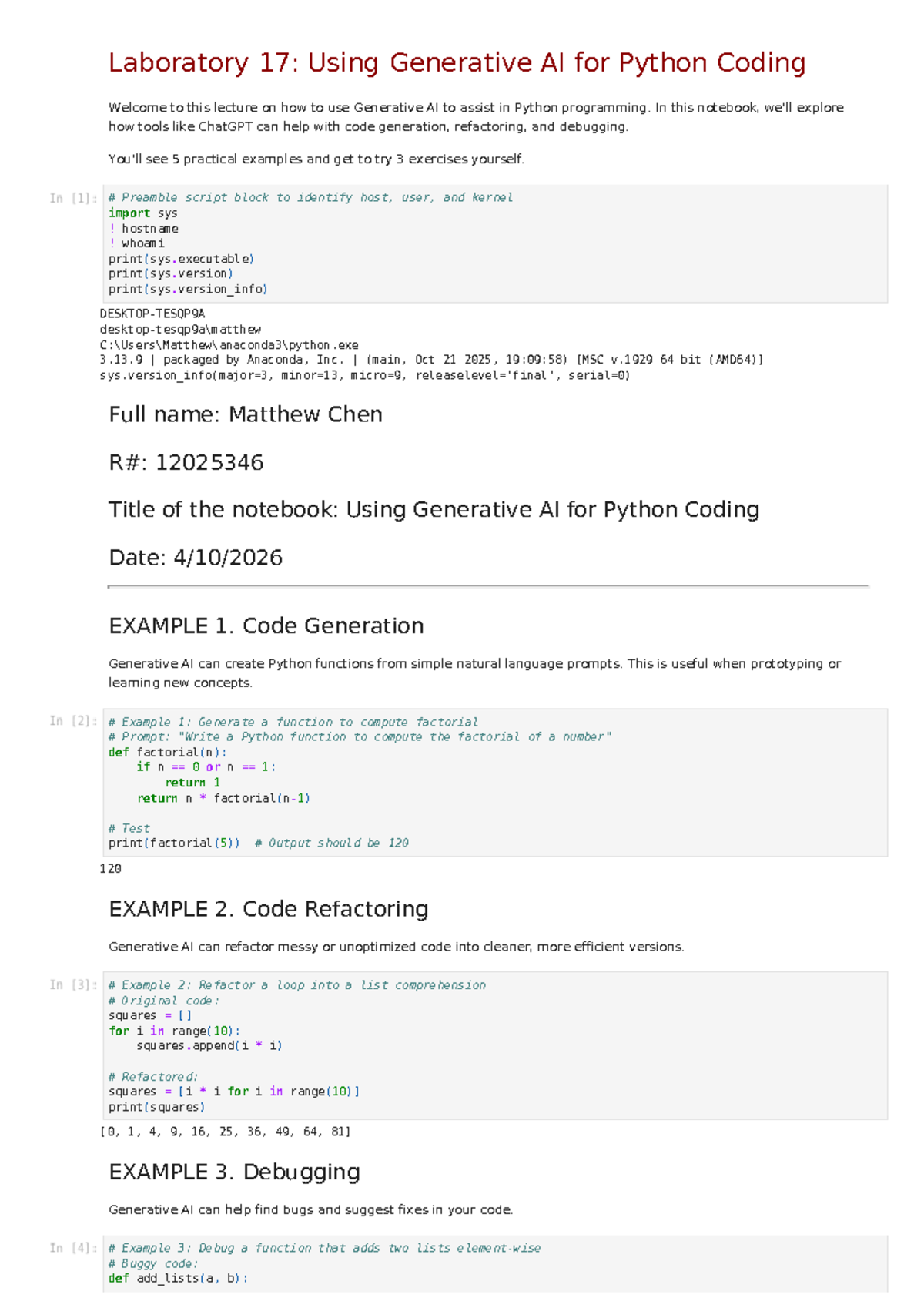 Lab 17: Leveraging Generative AI for Python Coding Techniques - Studocu