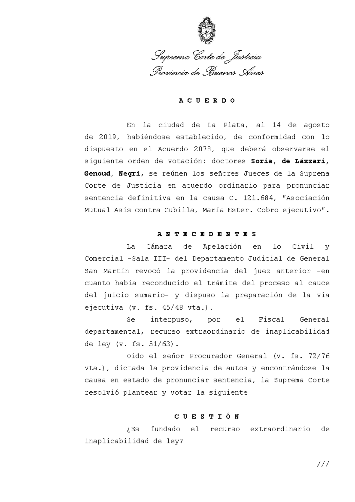 Fallo sobre Pagaré de Consumo - C. 121.684 SCBA - Studocu
