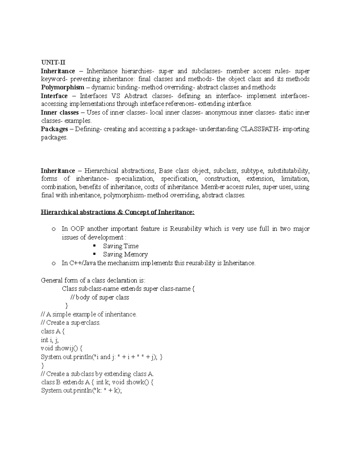 Java Programming Unit 2: Inheritance, Polymorphism, and Packages - Studocu