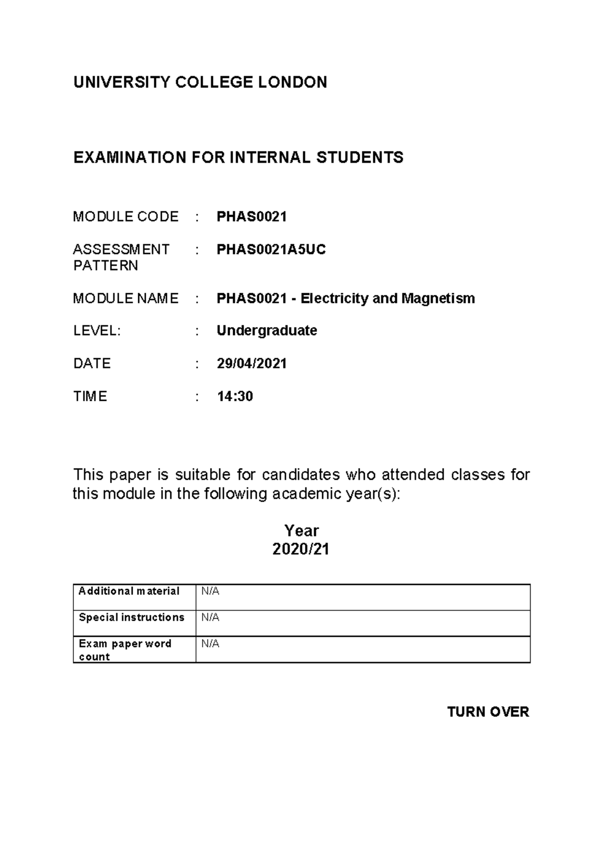 PHAS0021 Electricity and Magnetism Exam Paper 2021 - Studocu