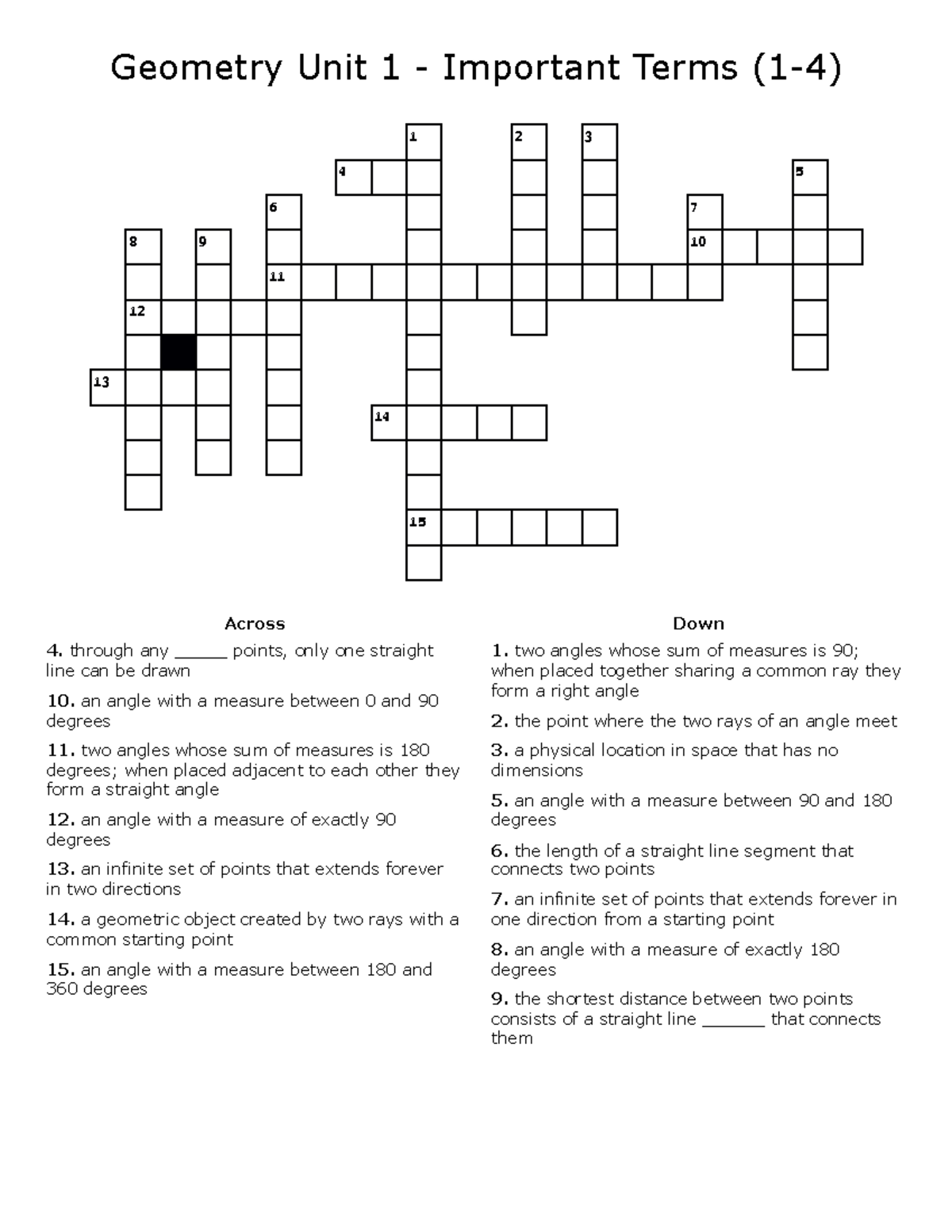 Geometry Unit 1 - Key Terms Crossword Puzzle (1-4) - Studocu