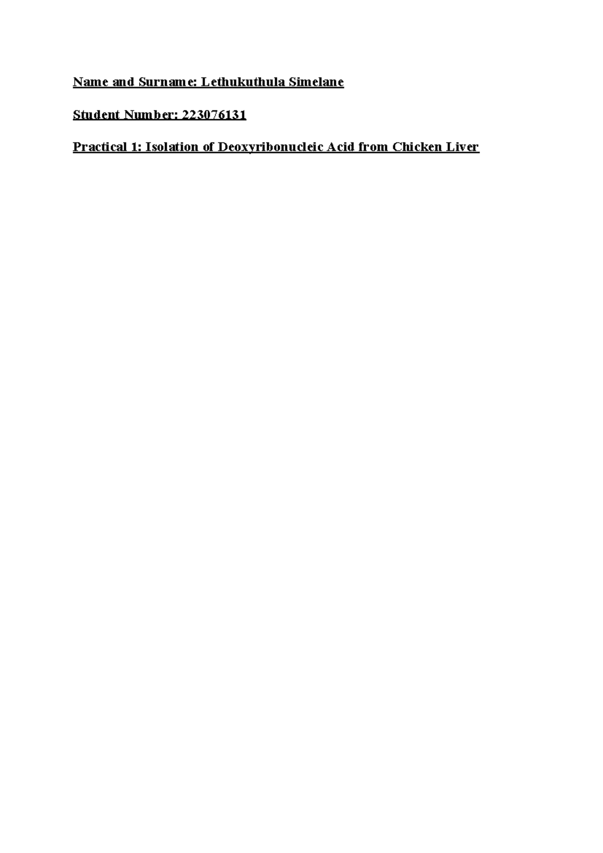 BIOC315 Practical: Isolation of Genomic DNA from Chicken Liver - Studocu
