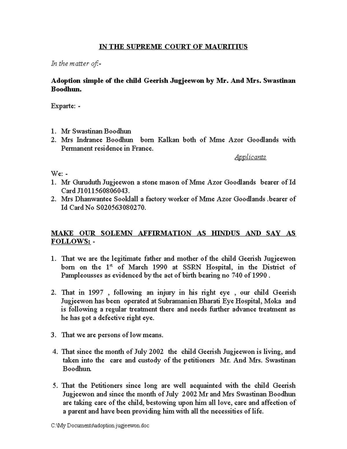 Adoption Simple of Geerish Jugjeewon - Legal Drafting Document - Studocu