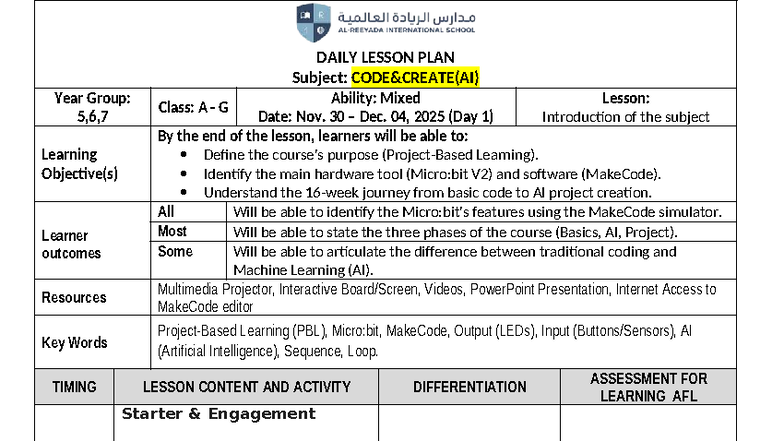 CODE & Create (AI) - Day 1 Lesson Plan for Year 5-7 - Studocu