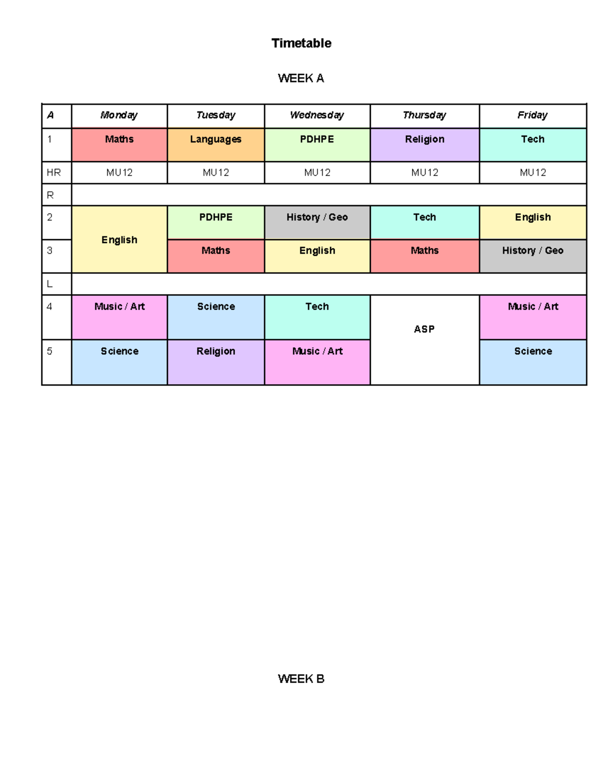 Timetable study plan - Timetable WEEK A A Monday Tuesday Wednesday ...