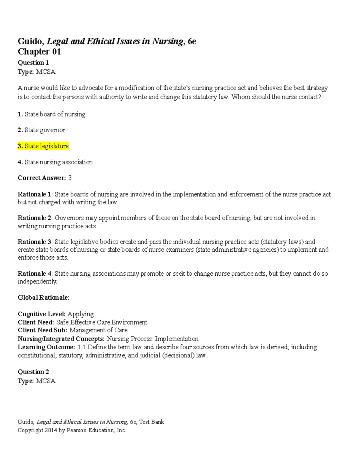 Legal and Ethical Issues in Nursing: Chapter 1 Quiz - Studocu