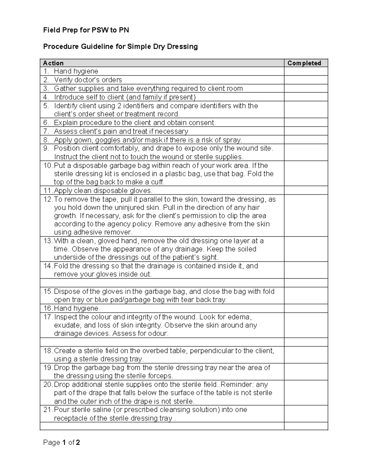 Simple Dressing Procedure Checklist for PN 1 - Studocu