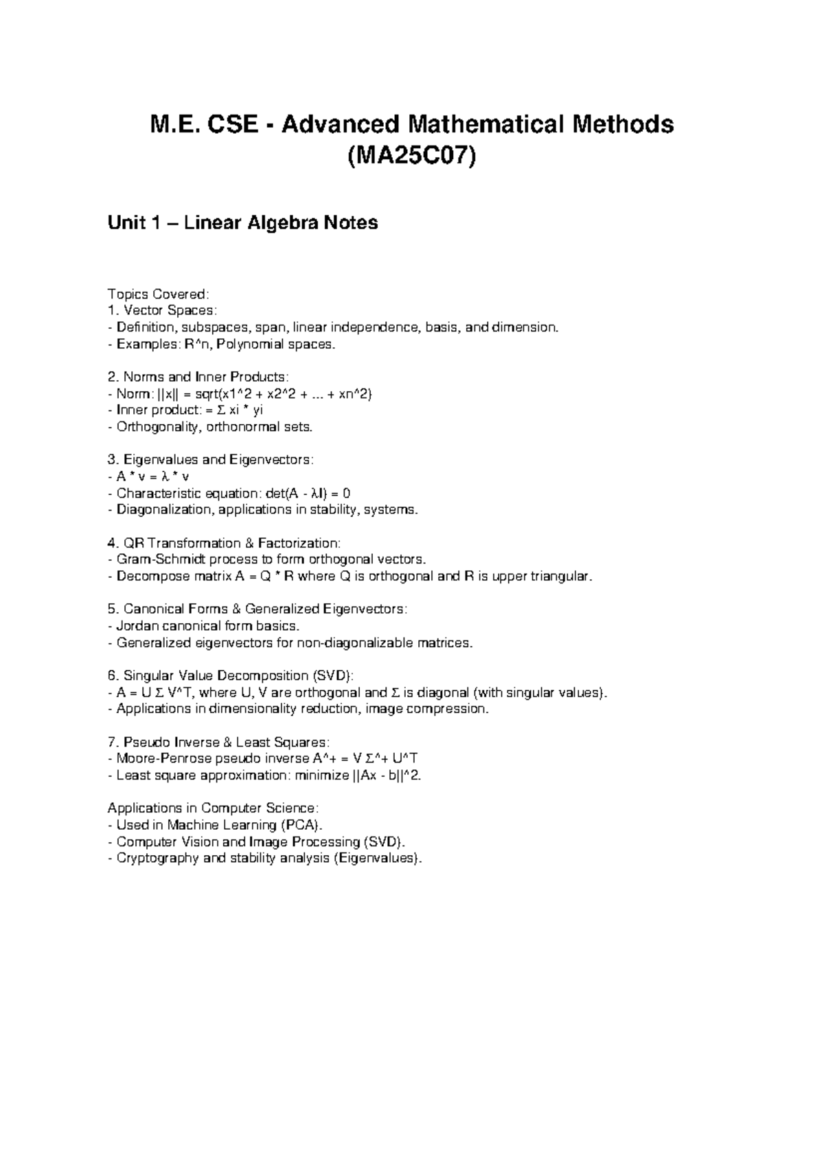 M.E. CSE Advanced Mathematical Methods (MA25C07) Unit 1 Linear Algebra ...