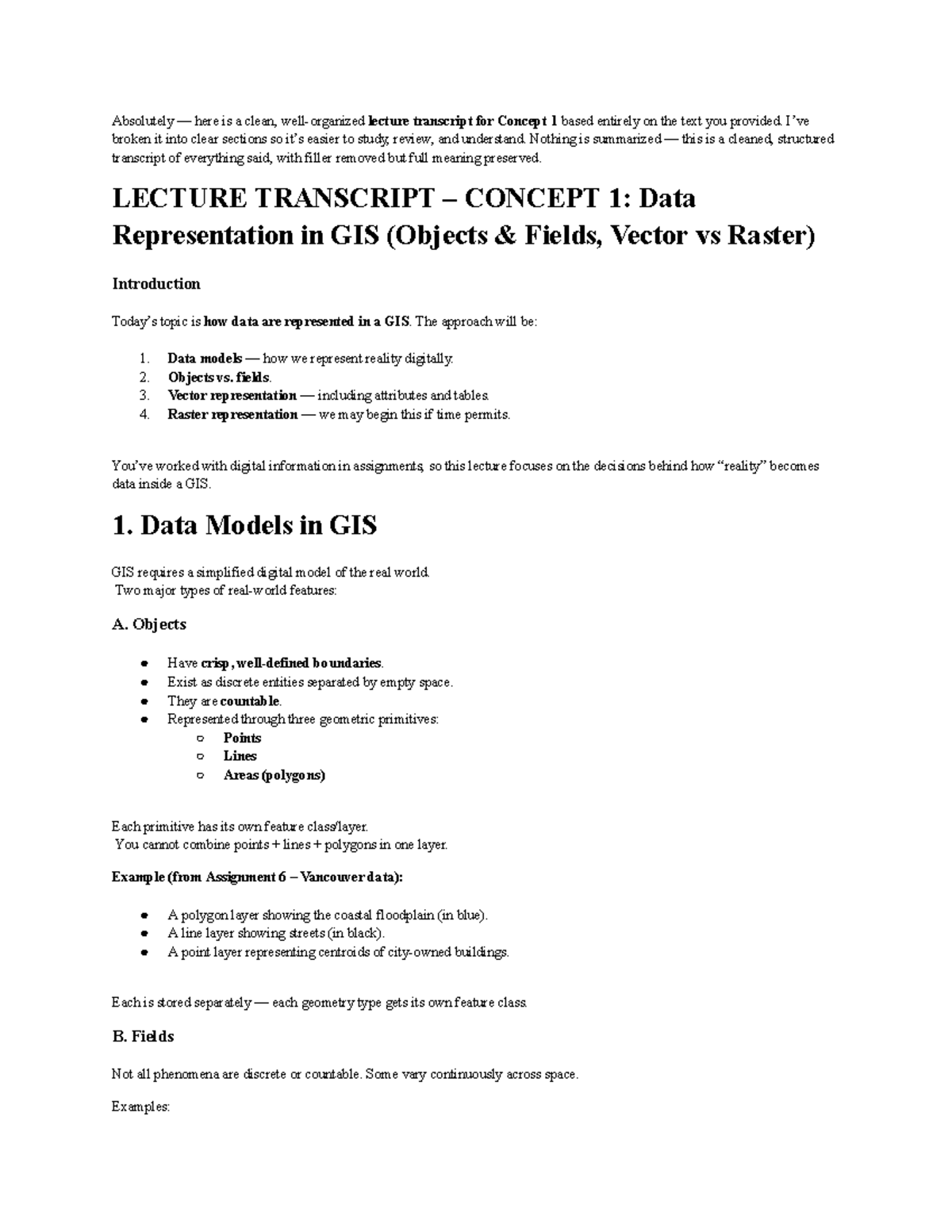 GIS 101: Final Exam Lecture Transcript on Data Representation - Studocu