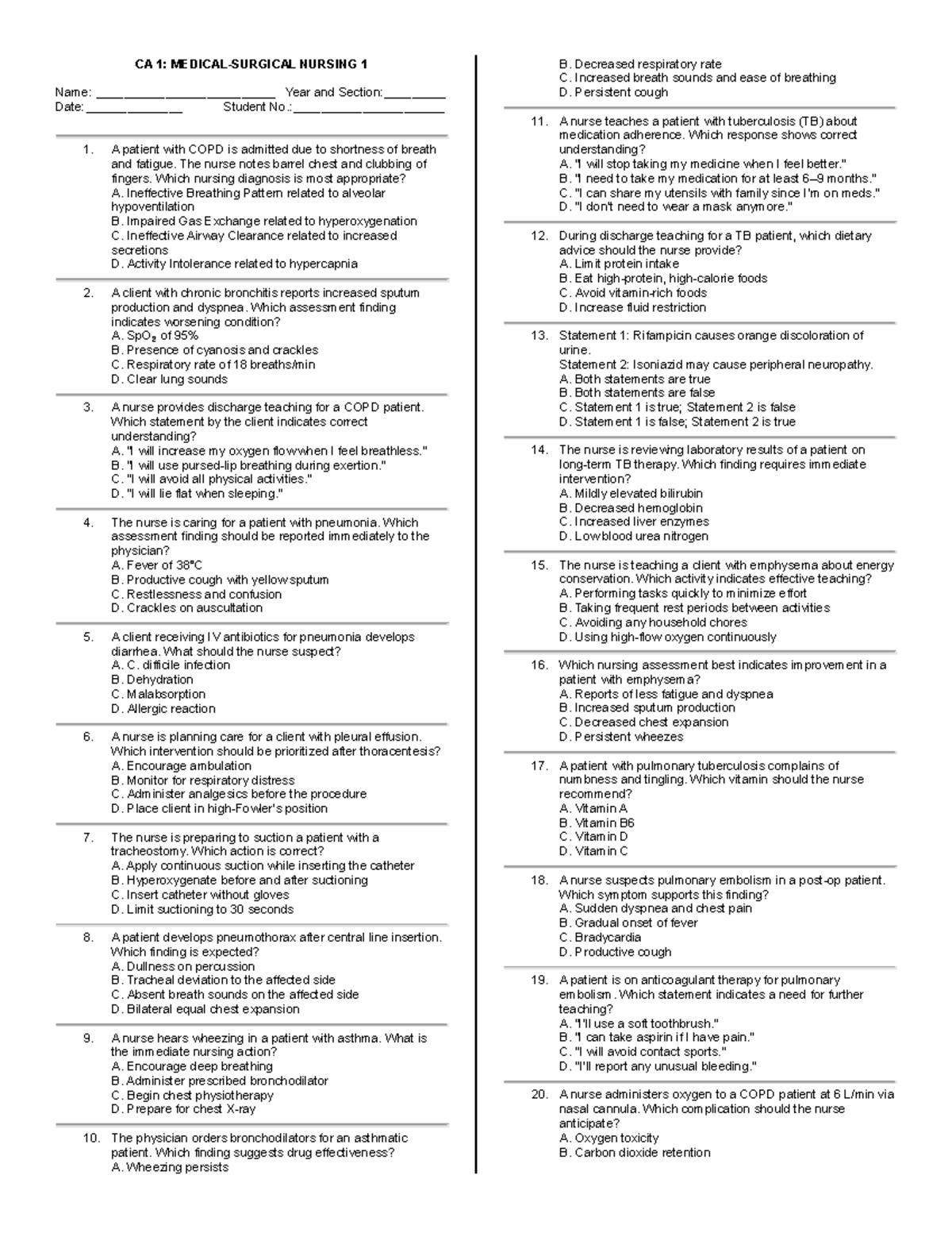 Midterm Exam Notes for CA 1: Nursing 1 - Respiratory Conditions - Studocu
