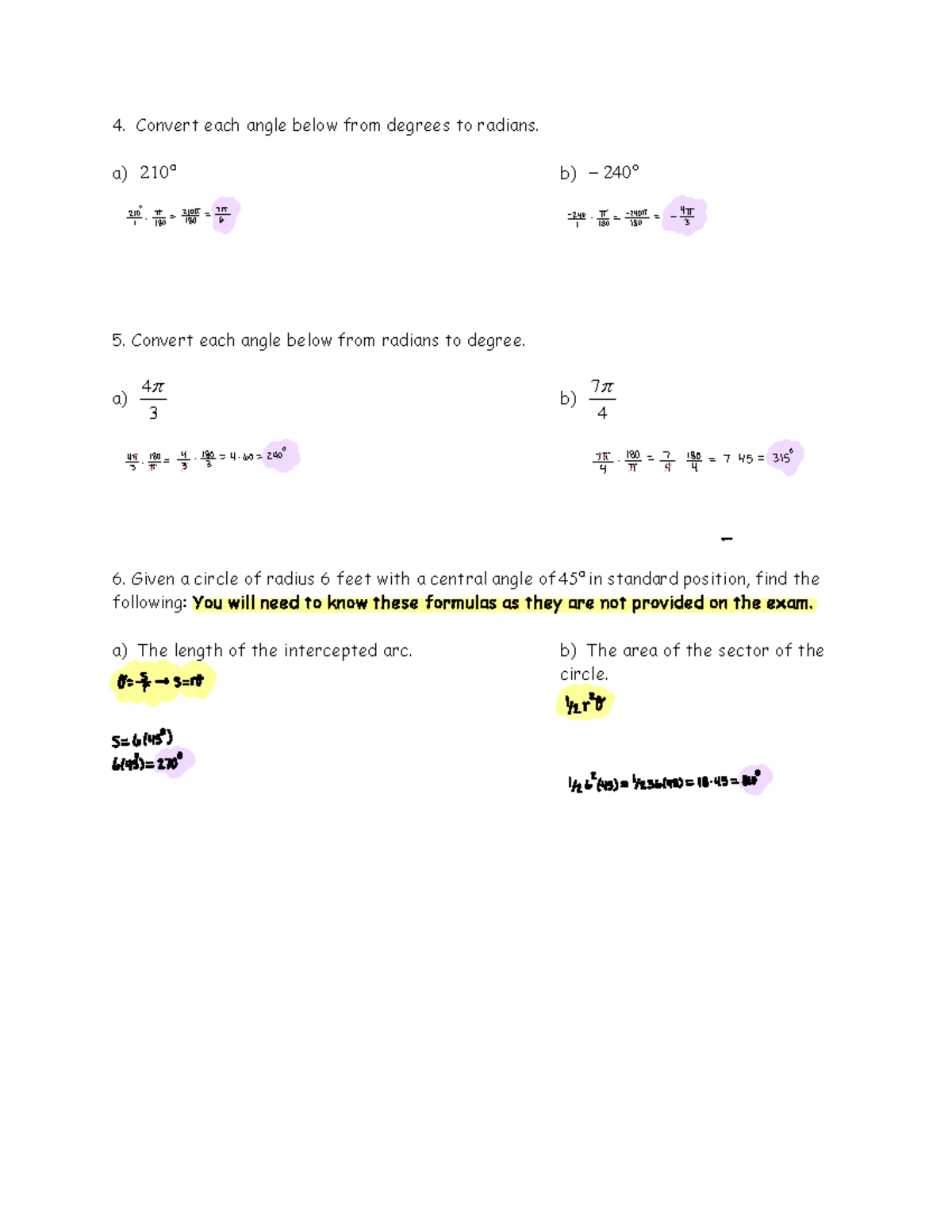 Mathematics Conversion Practice: Degrees to Radians & Circle Geometry ...